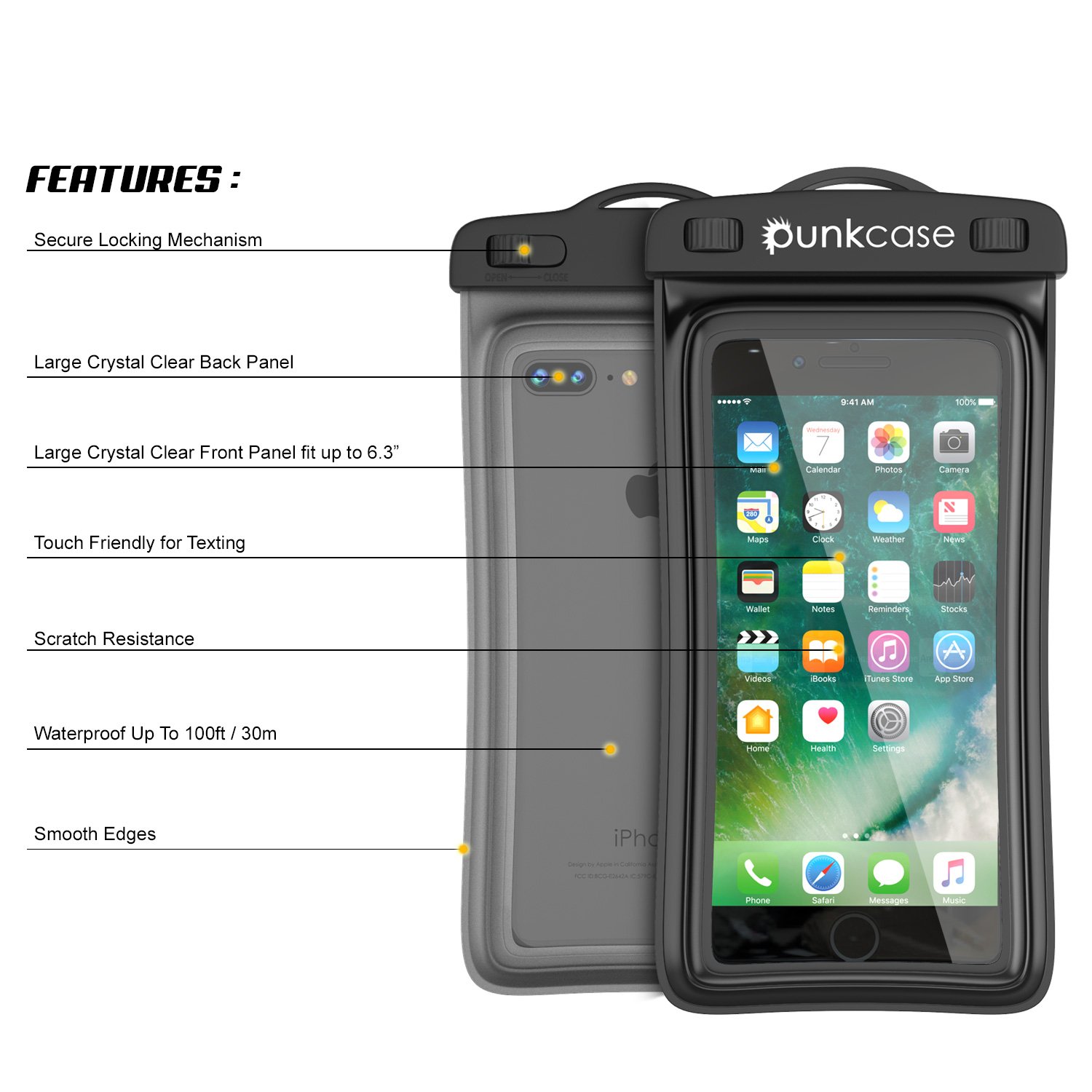 Waterproof Phone Pouch, PunkBag Universal Floating Dry Case Bag for Most Cell Phones incl. iPhone 8 Plus & Samsung Galaxy S9 | Perfect for Keeping Your Cellphone & Valuables Dry and Safe [Black]