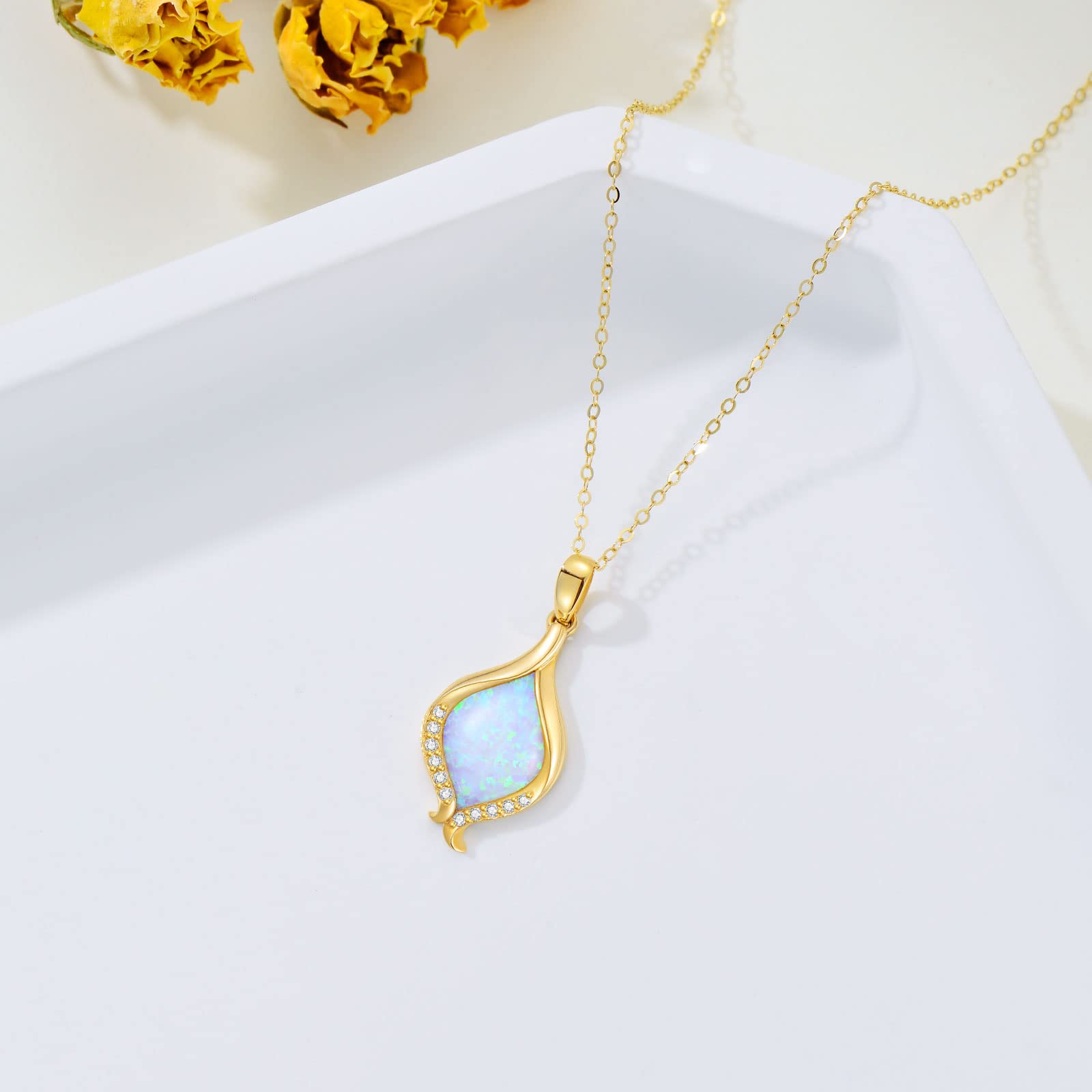 Ayafee 14K Real Gold White Opal with Genuine Diamond Pendant Necklace for Women Opal Jewelry Gift for Birthday Valentine’s Day Chain 16-18" (1/20 ctw, D, VVS1)