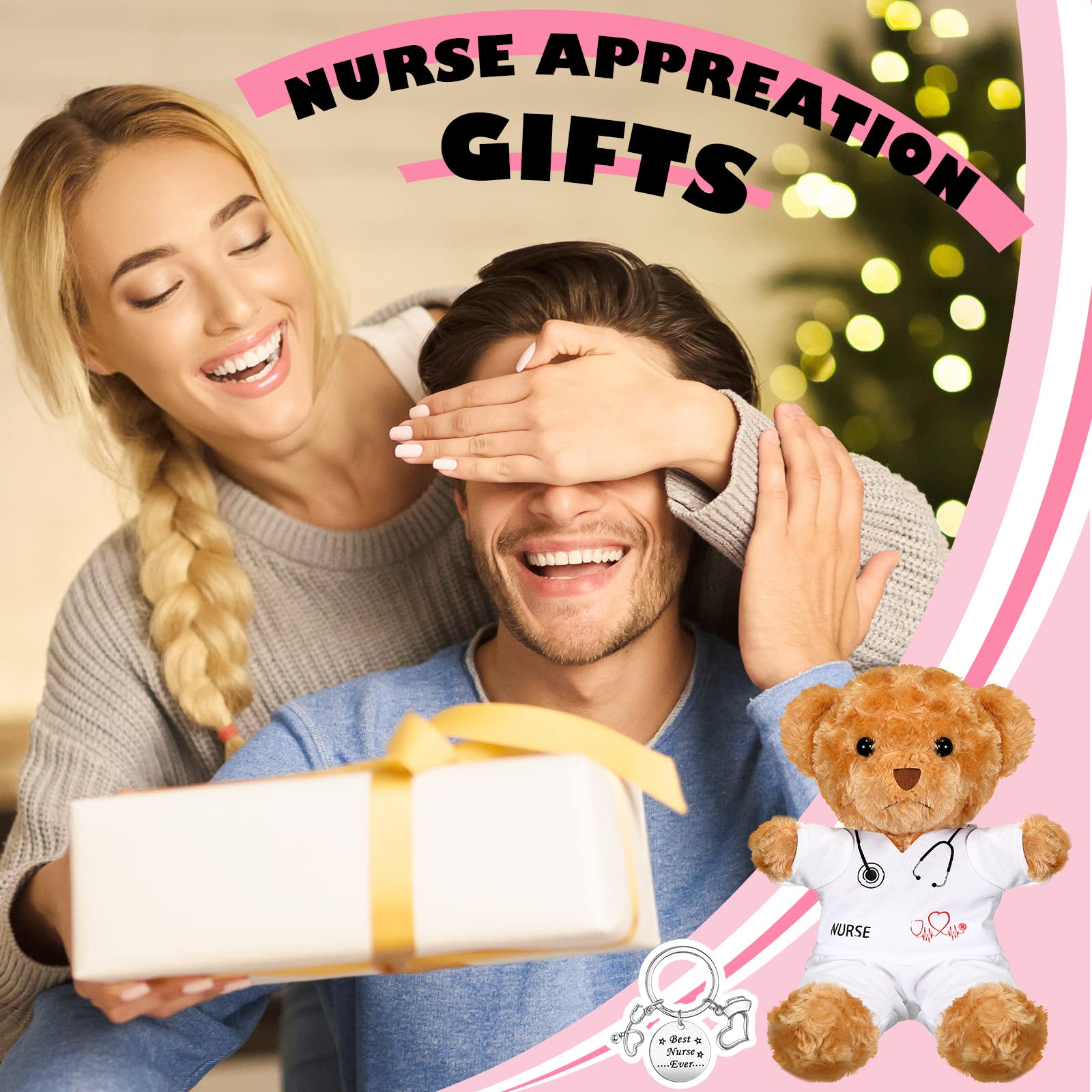 Hinly 2 Pcs Nurse Appreciation Gifts Nurse Bear Plush Toy Stuffed Animal Nurse Keychain Doctor Practitioner Graduation Gifts(White)