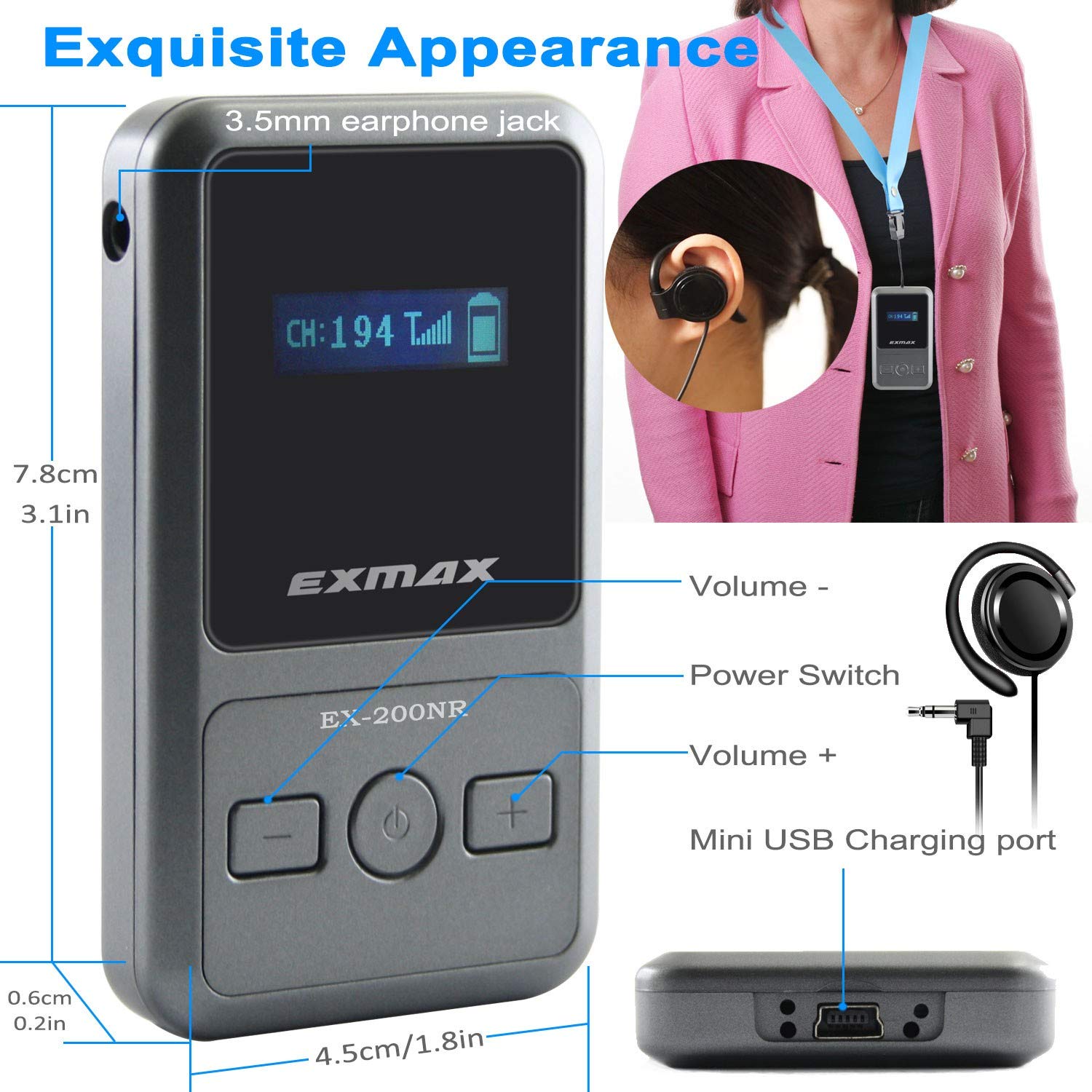 EXMAX EX-200N UHF Wireless Tour Guide System Hands-free Transmitter Receiver 200 Channels for Church Translation, City Museum Tour, Equestrian Training, hajj - 1 Transmitter & 6 Receivers
