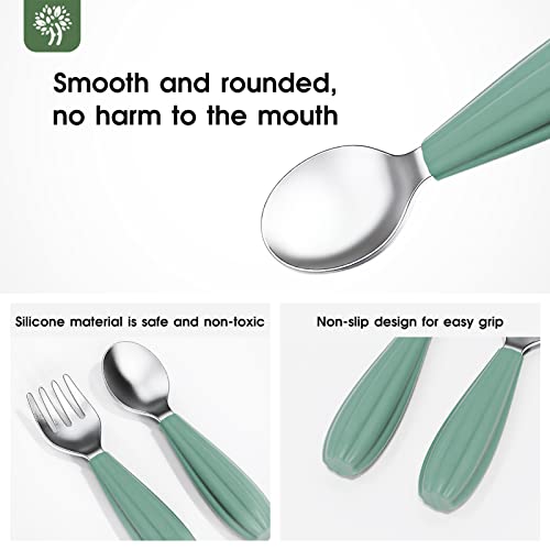 Hippywell Toddler Utensils, Toddler Forks and Spoons Set, Kids Silverware Set with Silicone Anti-Choke Handle, Self-Feeding Toddler Utensils, Children Safe Flatware, Natural/Green/Blue