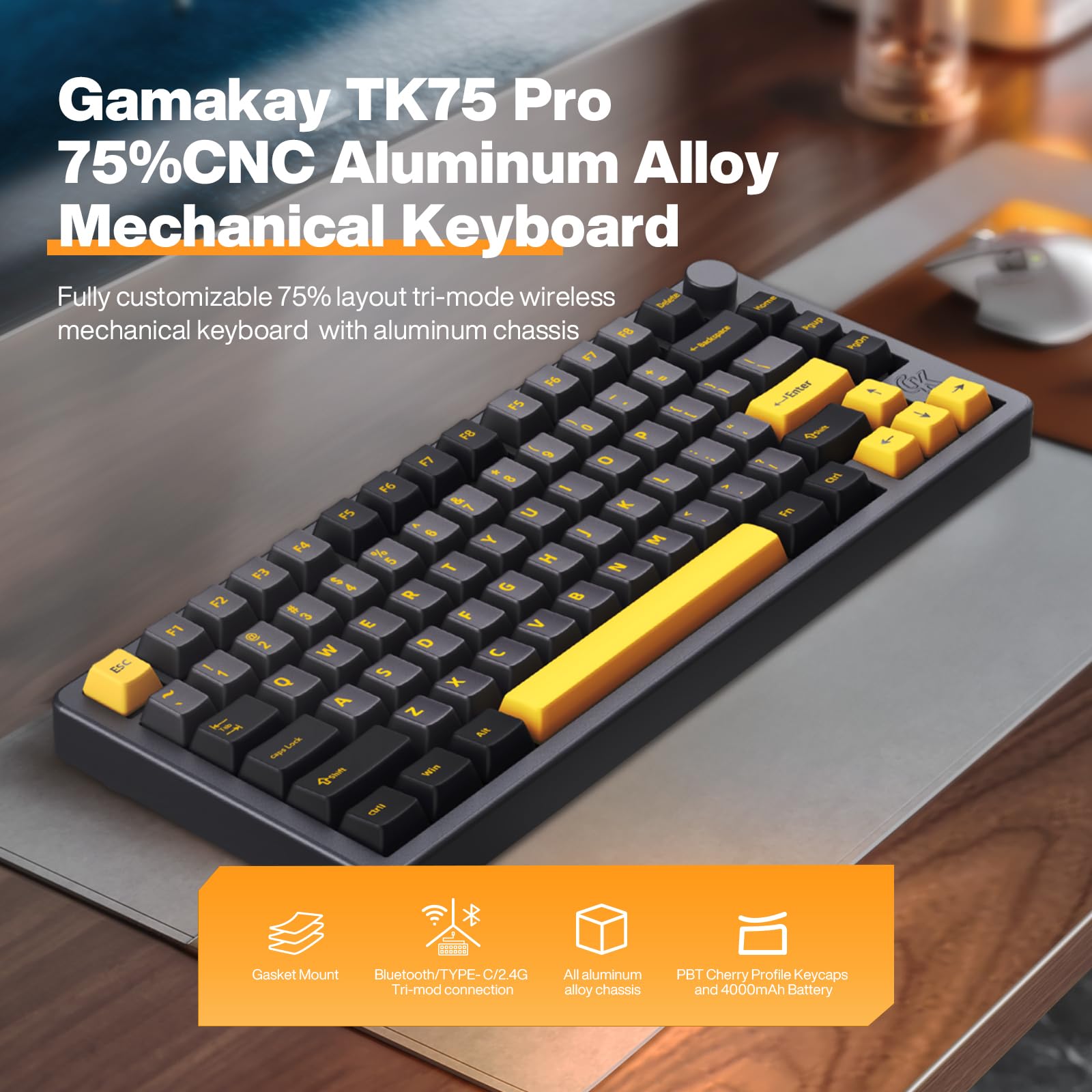 GK GAMAKAY TK75PRO Aluminum Alloy Mechanical Keyboard, Gasket Mounted, Hot Swappable KTT Hyacinth Switch 2.4GHz Wireless BT5.0/USB-C 75% 81 Keys Custom RGB Gaming Keyboard for Win/Mac (Milky White)