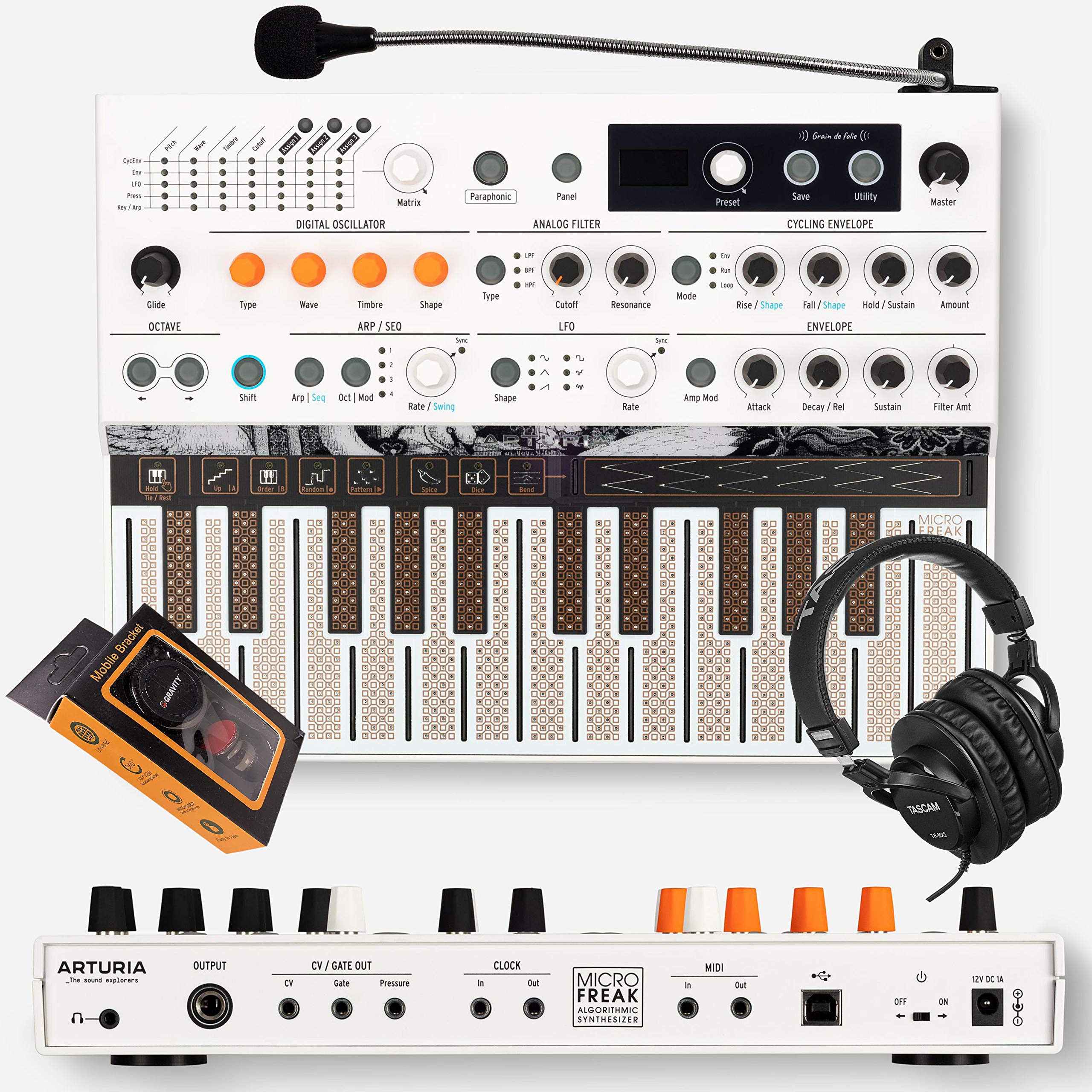 Arturia MicroFreak Vocoder Edition Hybrid Synthesizer 25-Key Paraphonic Hybrid Hardware Synth and Vocoder with Poly-aftertouch Flat Keyboard and Gravity Phone Holder and Pro Headphone Bundle