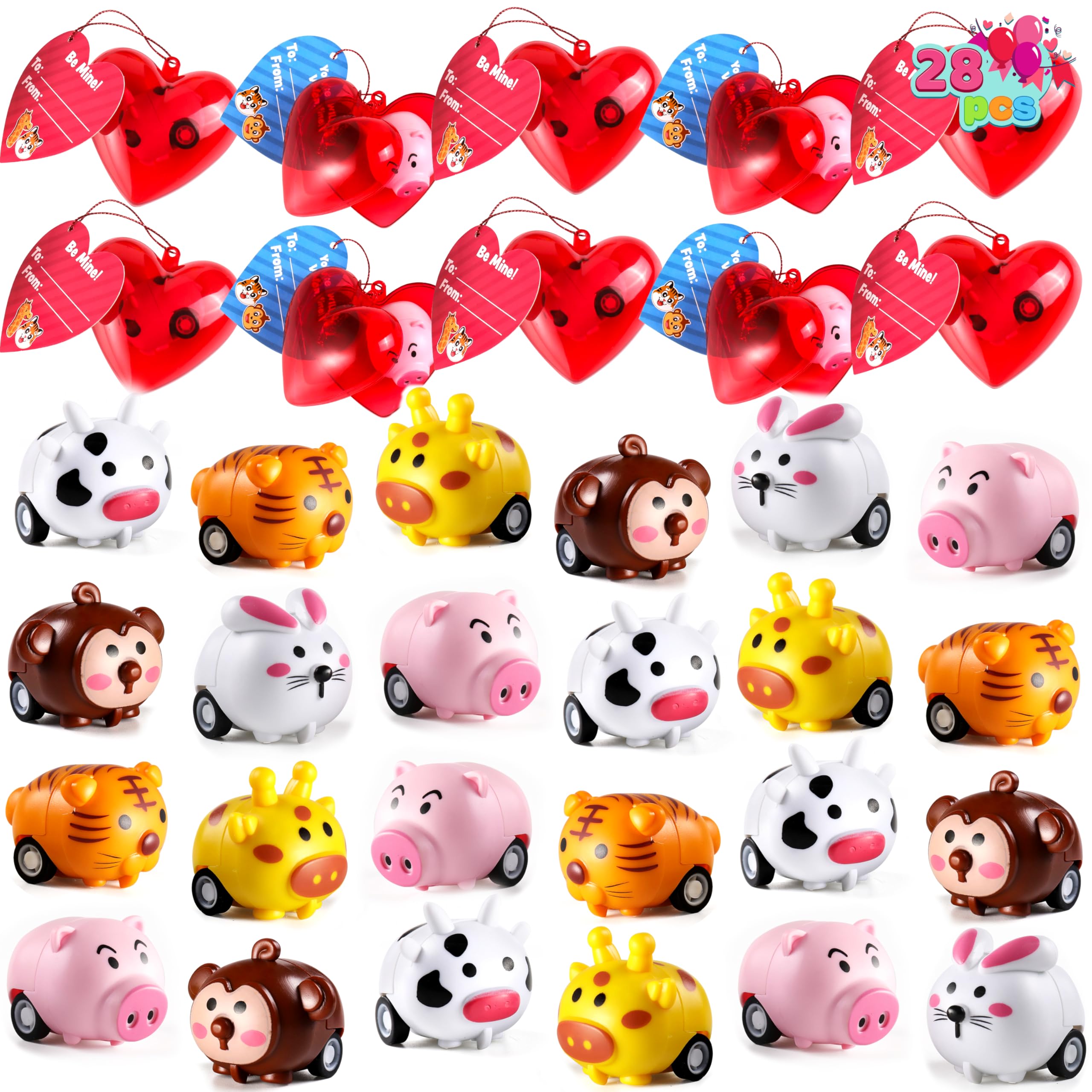 JOYIN 28 Pack Valentine Day Animals Pull Back Vehicles for Kids with Gift Cards and Filled Hearts, Pull Back & Go Car Toy Sets for Toddlers Kids Valentine School Classroom Exchange, Game Prizes