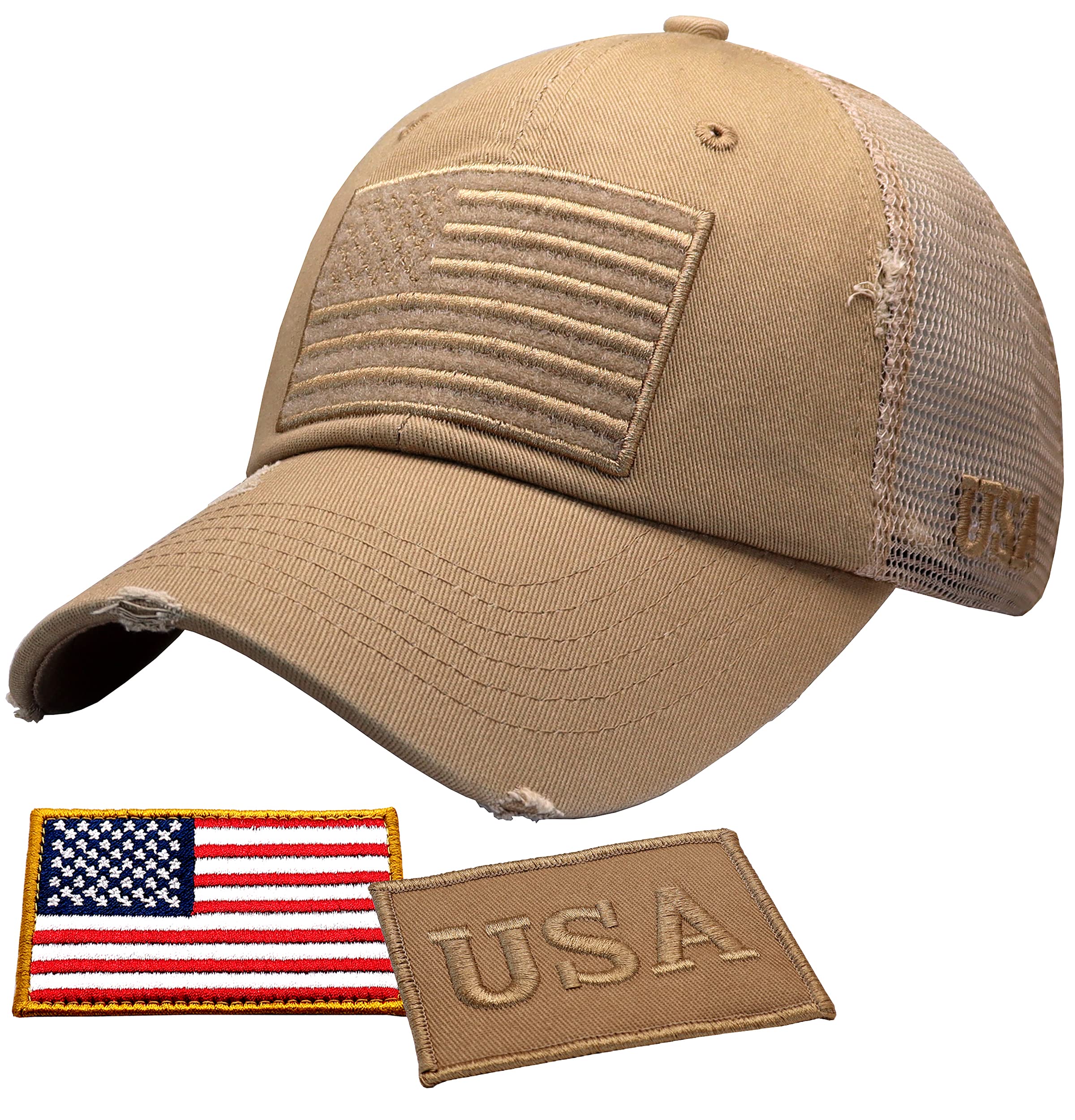 Antourage American Flag Unconstructed Hat for Men and Women Twill Mesh Snapback Baseball USA Flag Cap + 2 Patriotic Patches ((10) Khaki Distressed Mesh Snapback)