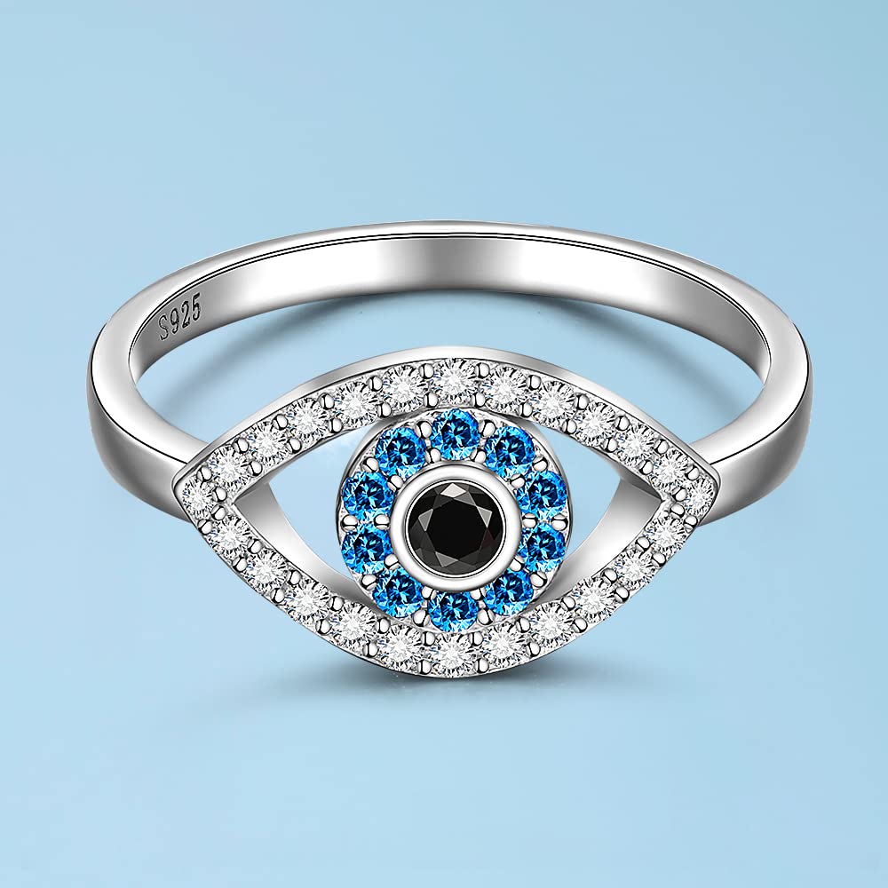 Blue Evil Eye Ring Sterling Silver Spiritual Turkish Third Eye Rings for Women Mal De Ojo Greek Protection Nazar Amulet Sapphire Jewelry Gift Size 8