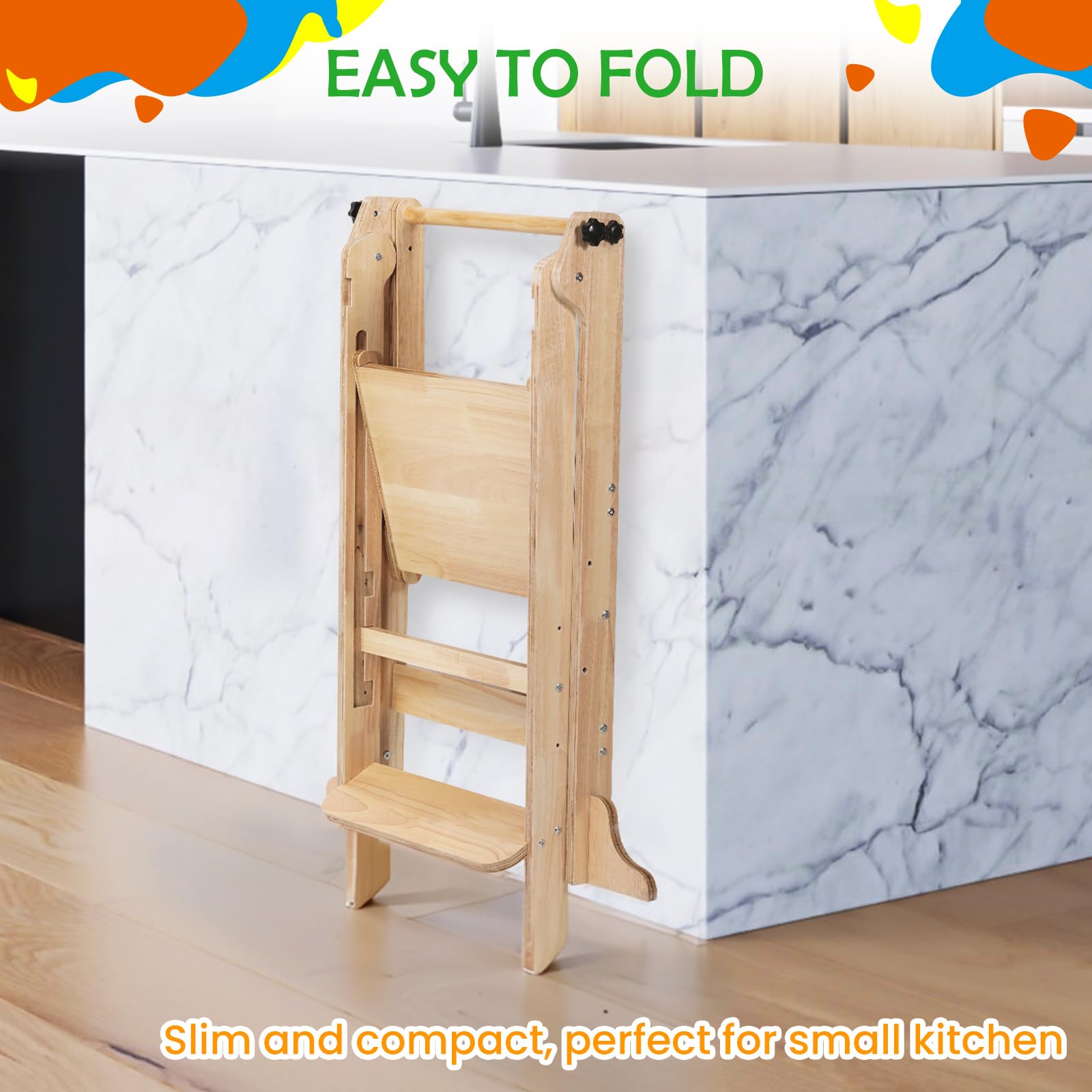 Toddler Tower Foldable - Kids Kitchen Step Stool with 3 Adjustable Heights & Safety Rail, Montessori Tower with Chalkboard for Learning, Standing Tower Helper Stool for Kitchen Counter Sink (Natural)