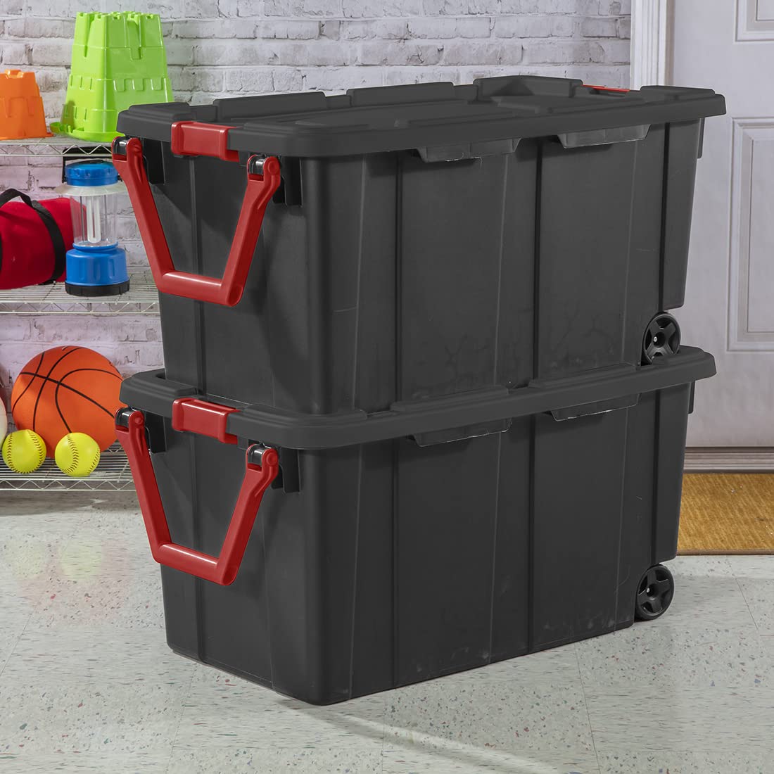 Plastic 40 Gallon Lidded Home Storage Bins, Durable Stackable Industrial Storage Containers Tote, Organizing Tote Tub Box with Wheeled, Moving Boxes, for Basement, Attic, Garage, Set of 2, Black