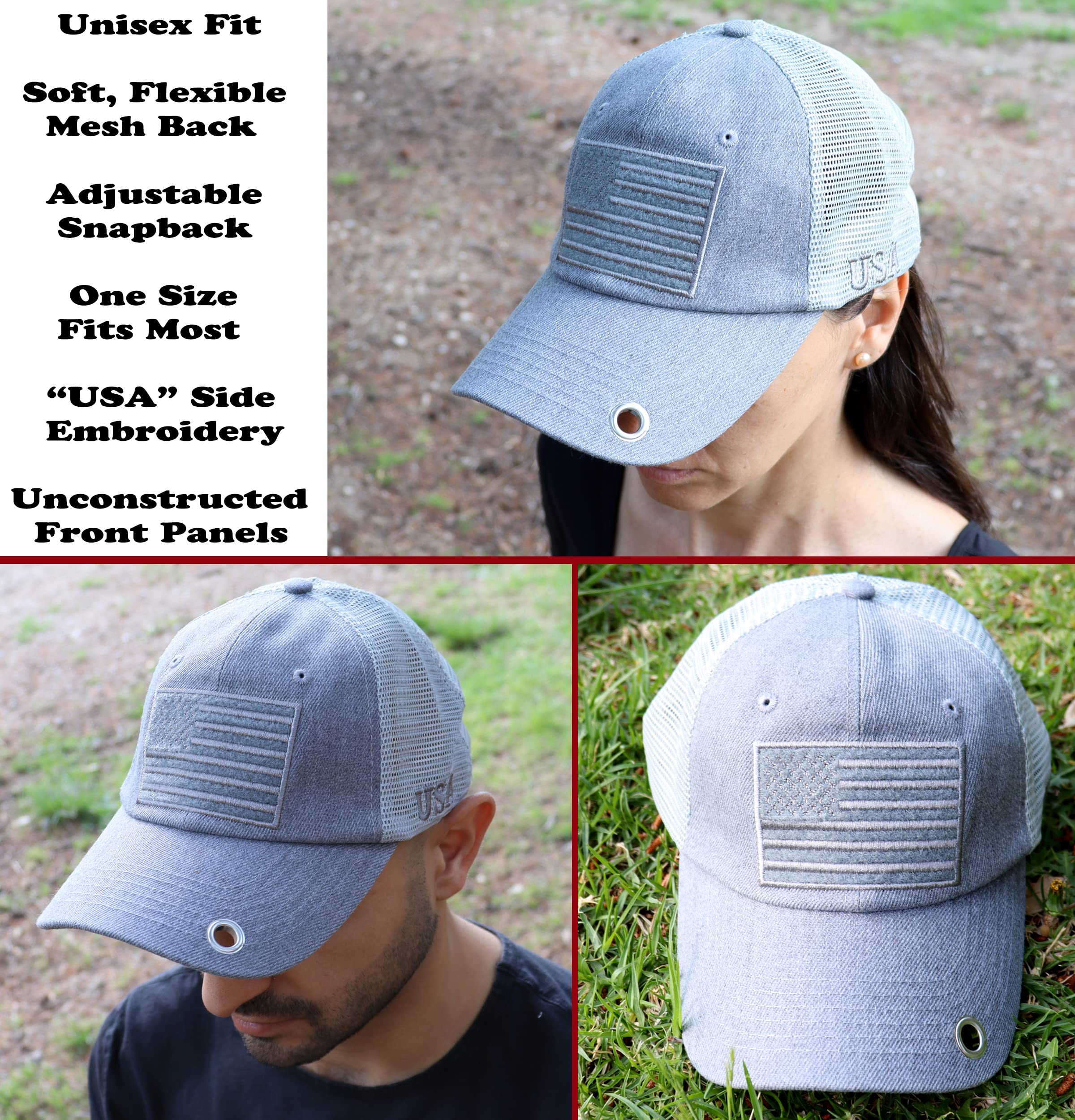 Antourage American Flag Unconstructed Hat for Men and Women Twill Mesh Snapback Baseball USA Flag Cap + 2 Patriotic Patches ((52) Grey Classic Mesh Snapback with Keyhole)
