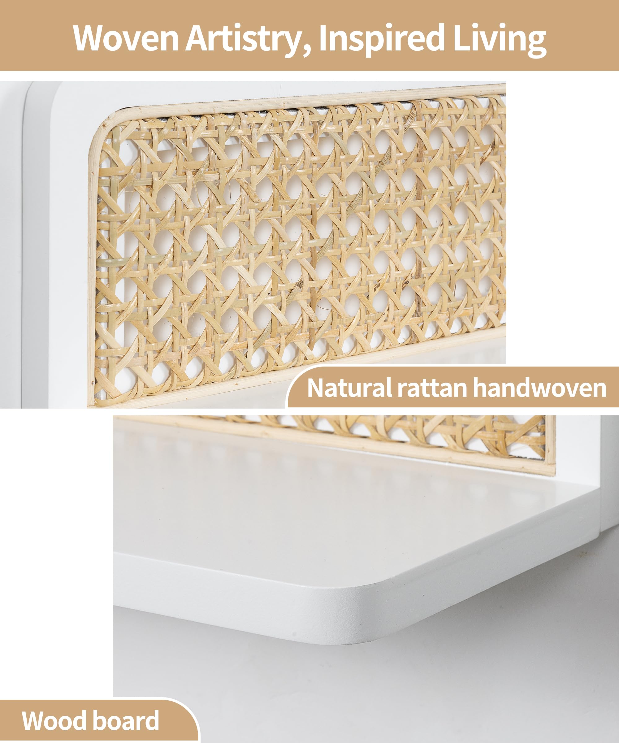 Mazjoaru Rattan Wall Shelf 16inch Set of 2, Handmade Floating Shelves Boho Wall Decor, Rustic Wood Wall Mounted Storage Shelves for Living Room Nursery Bedroom