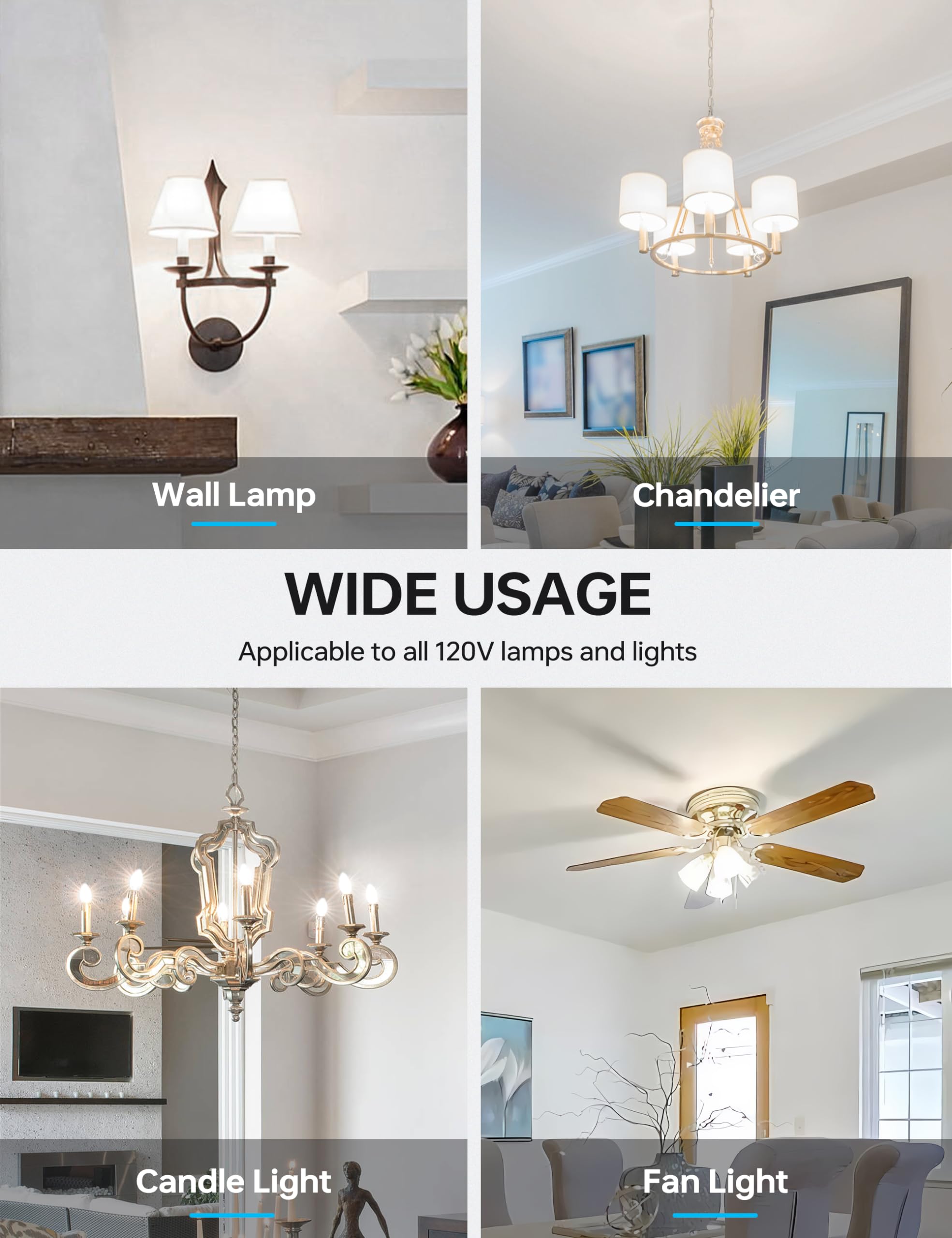 KINDEEP LED Candelabra Light Bulbs Dimmable 60 Watt Equivalent, Daylight 5000K, 600LM, E12 Candle Bulb Base 6W Ceiling Fan Lightbulbs Type B Bulb for Chandelier, Wall Sconces, 6 Pack