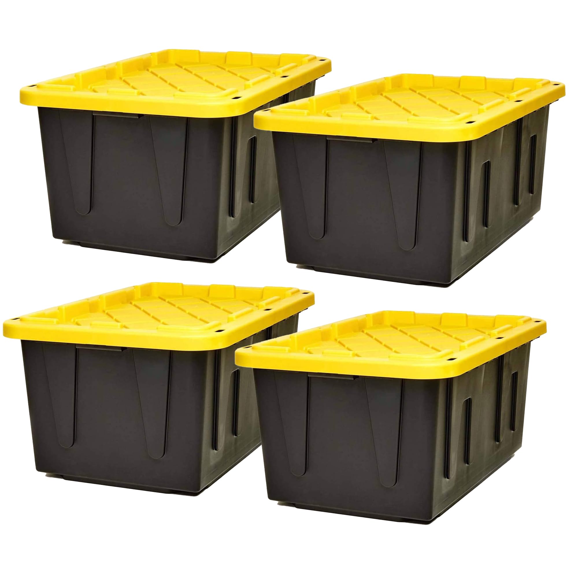 HOMZ 15-Gallon Durabilt Plastic Stackable Storage Organizer Container w/Snap Lid and Hasps for Tie-Down Straps or Locks, Black/Yellow (4 Pack)