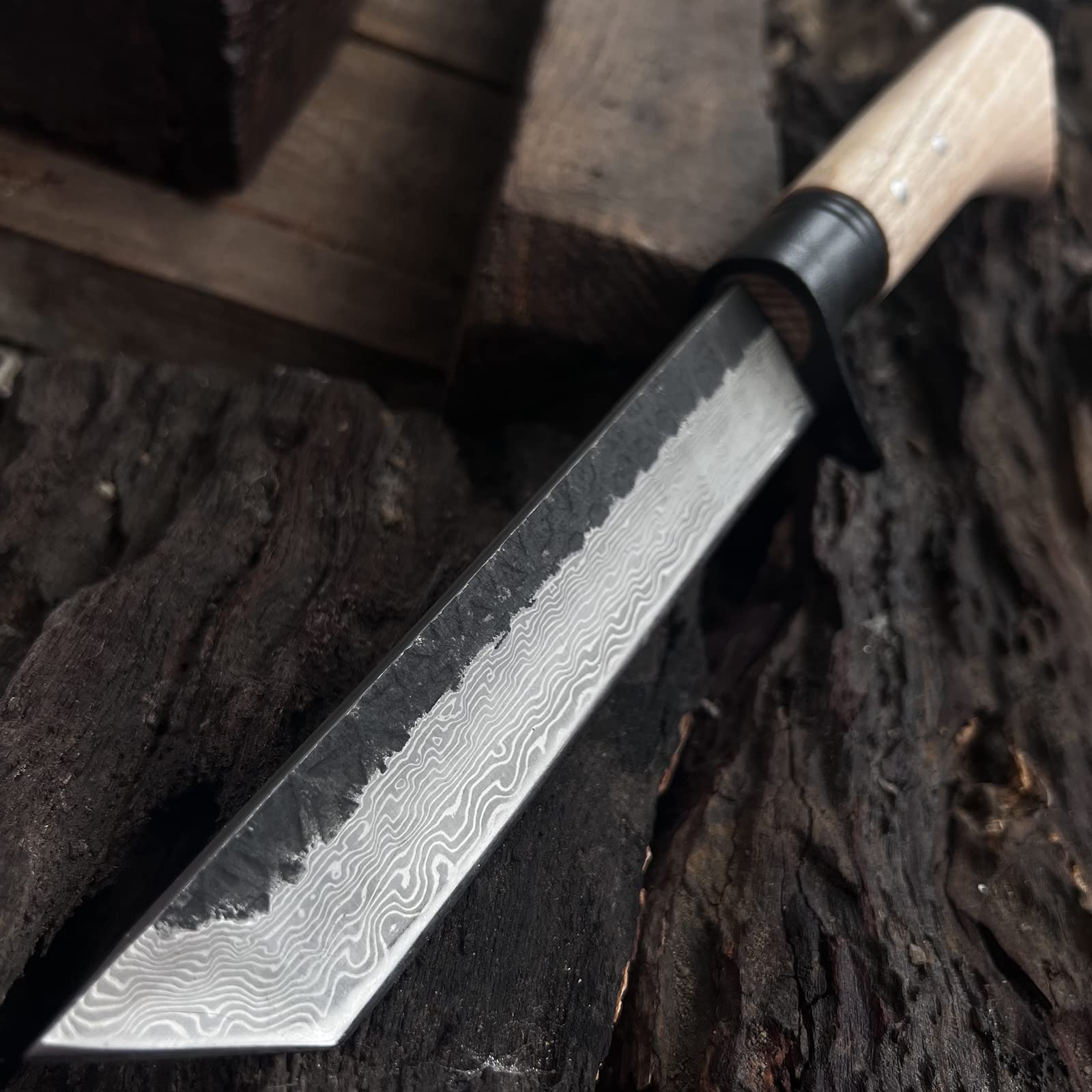 AULAKNIV Damascus Tanto Fixed Blade Hunting Knife with Wooden Sheath, Japanese Camping Survival Knives with Wooden Handle