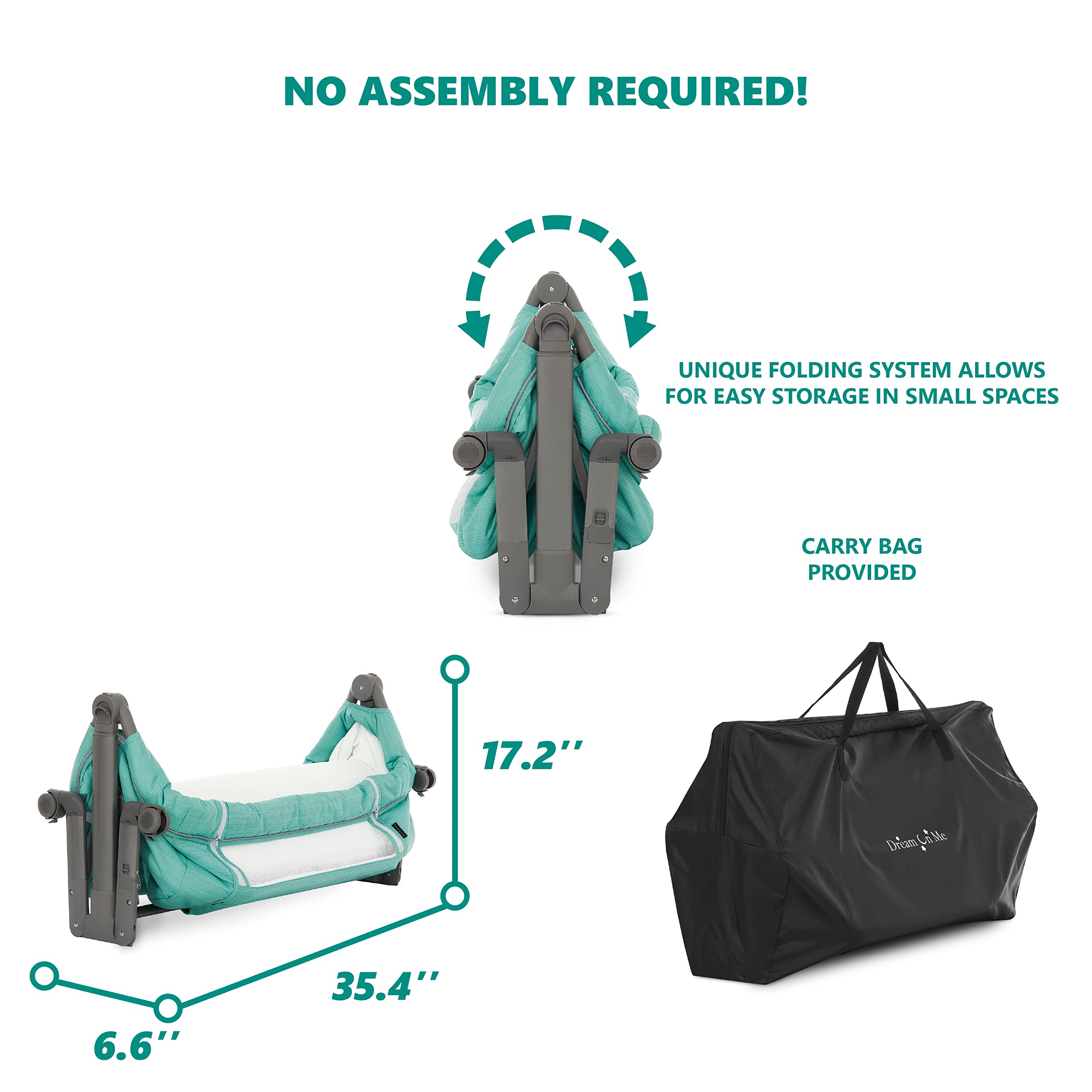 Dream On Me Zimal Bassinet and Bedside Sleeper in Mint, Lightweight and Portable Baby Bassinet, Breathable Mesh Panels, Easy to Fold and Carry Travel Bassinet, JPMA Certified