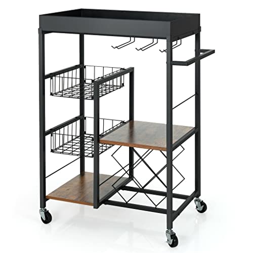 BHVXW Serving Cart Metal Frame Rolling 4-Tier Kitchen Bar Cart Rolling Wine Rack Removable Tray Basket