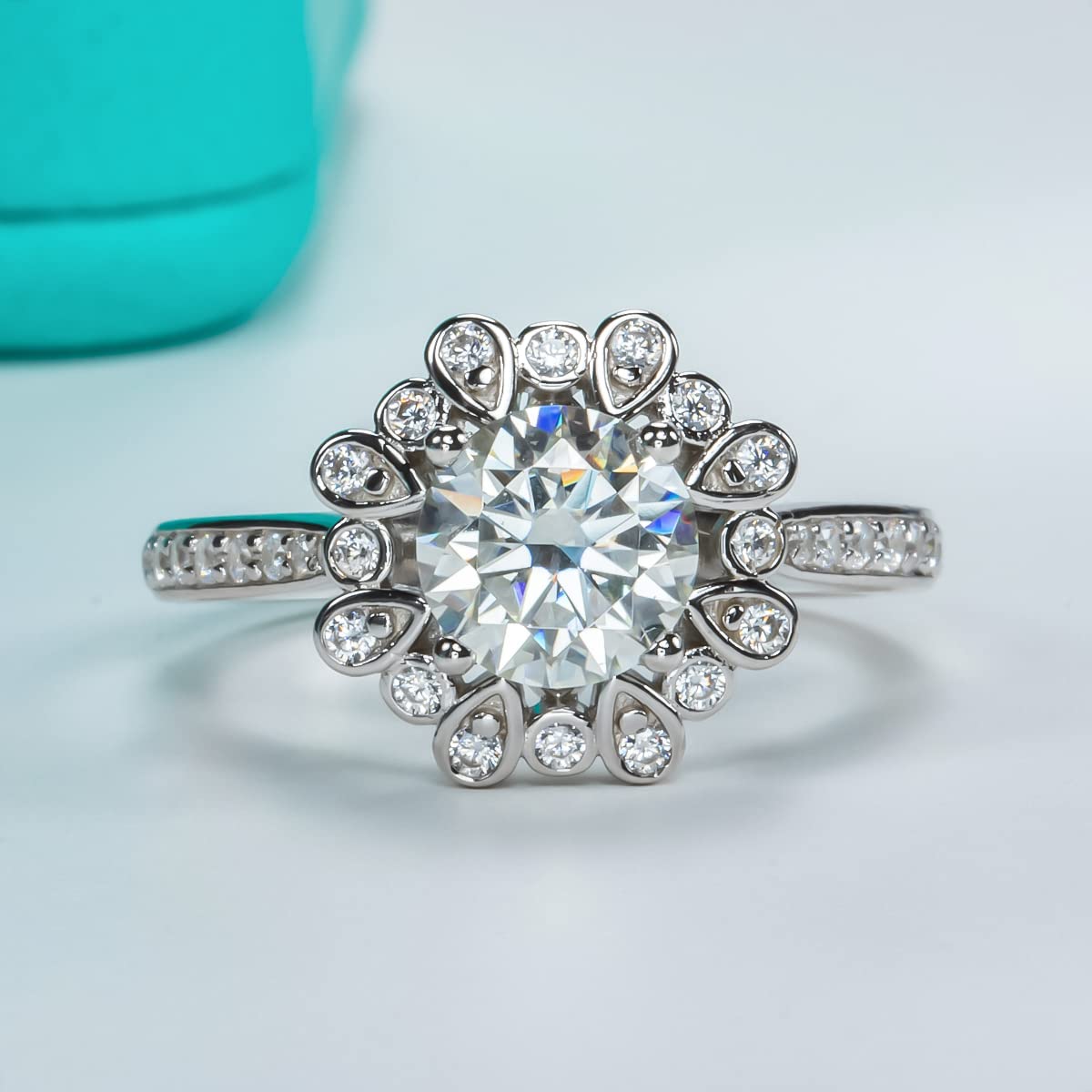 AnuClub 1.2ct Moissanite Halo Sunflower Engagement Ring, D-E Color Lab Created Diamond Sterling Silver Wedding Ring, Christmas Gift for Women Size 7.5