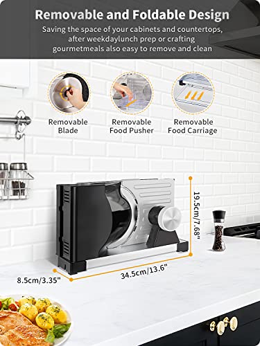 Meat Slicer for home, CWIIM Electric Deli Food Slicer & meat cutter with Removable Stainless Steel Blade+Pusher and 0-18mm Adjustable Thickness for Meat, Cheese, Bread, Fruit.