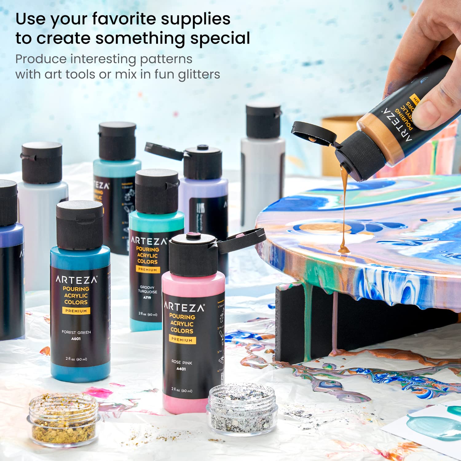 Arteza Acrylic Pouring Paint Kit, 14 Glossy Colors β 8 Pastel & Bright, 3 Iridescent, 3 Metallic, 2 x Stretched Canvas, 2 Wooden Slices, Glitter, and Paint Pouring Accessories, Multicolor,28 Piece Set