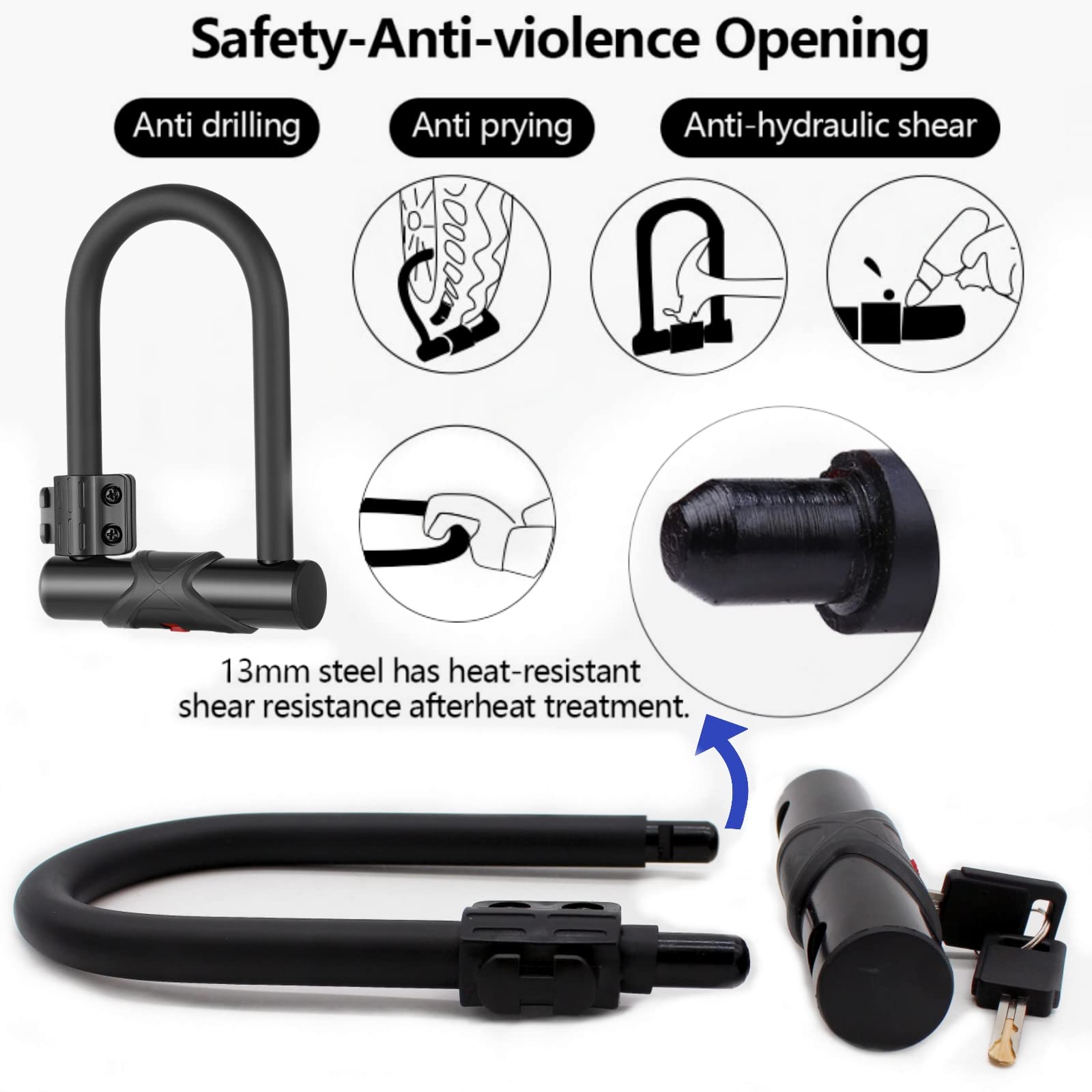 BABEIYXM Bike U Lock - Heavy Duty Security U Cable Bike Lock with 5.5ft/1.7m Bike Cable and Sturdy Mounting Bracket for Road Bikes, Mountain Bikes, E-Bikes, Folding Bikes, Dustproof and Waterproof