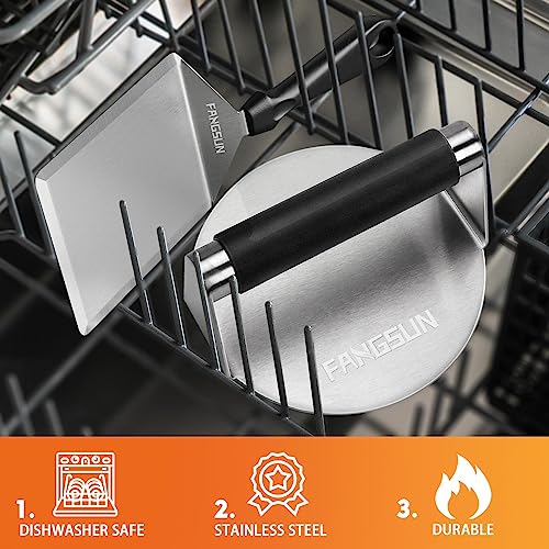 FANGSUN Smashed Burger Press Kit, Stainless Steel Burger Smasher & Grill Spatula for Outdoor Cooking, 5.8β Hamburger Press & 5" BBQ Spatula, Griddle Accessories Kit for Flat Griddle, Grilling Gift