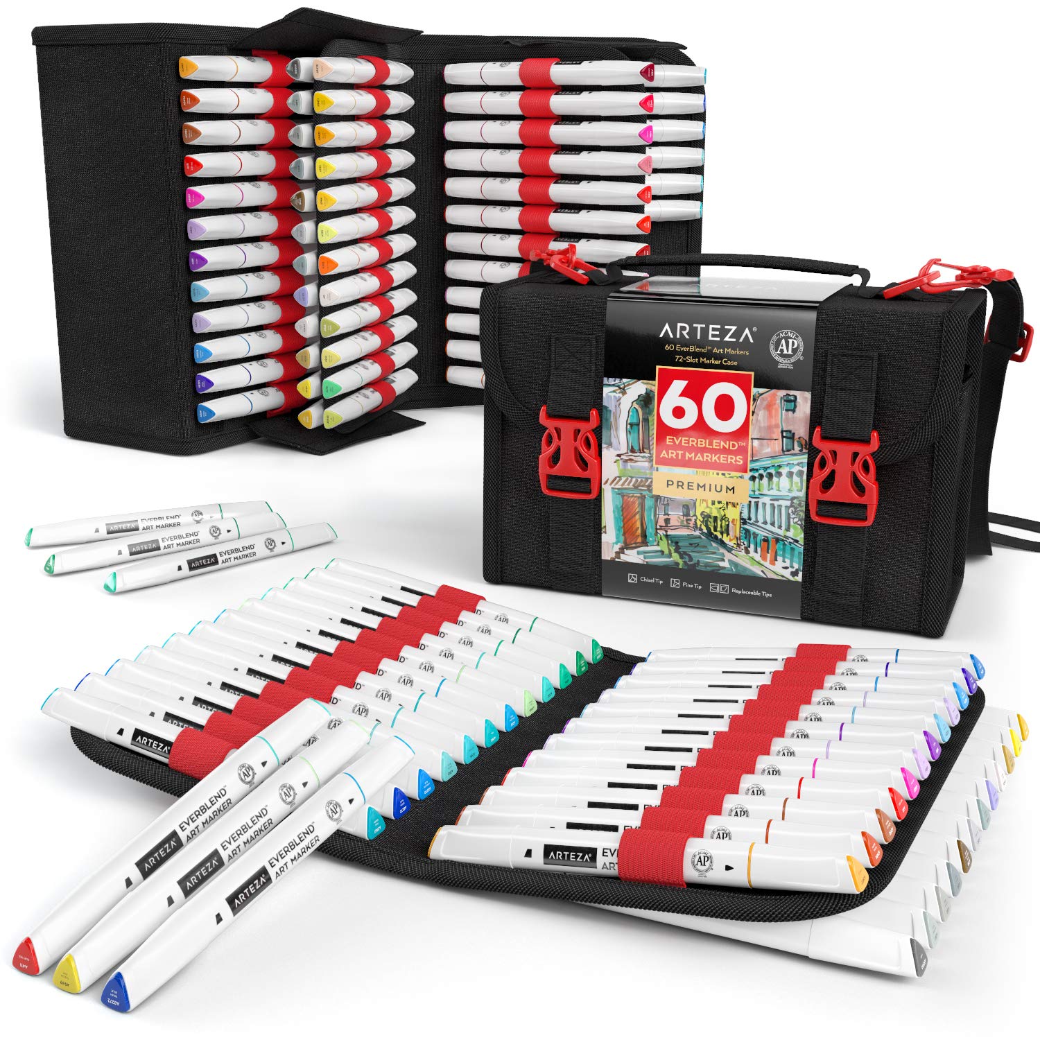 ARTEZA Alcohol Markers Set of 60 Colors, EverBlend Dual Tip Markers for Artists in 72-Slot Art Case, Fine and Broad Chisel Nib