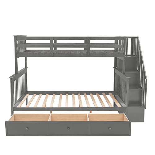 Harper & Bright Designs Twin Over Full Bunk Bed with Storage Drawer, Wood Bunk Beds with Stairway, Storage Shelf and Full-Length Guard Rail, Kids bunk Bed Twin Over Full, No Box Spring Needed (Gray)