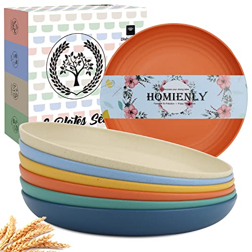 Homienly 6 PCS Reusable Dinner Plates Alternative for Plastic Plates Microwave and Dishwasher Safe Wheat Straw Plates for Kitchen Unbreakable Kids Plates with 6 Colors (10 INCH)