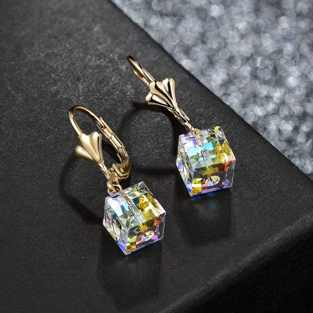 Austrian Crystal Cube Drop Earrings for Women Leverback Dangle Earrings 14K Gold Plated Hypoallergenic Jewelry (Aurora Borealis)