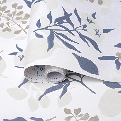 Floral Wallpaper Peel and Stick Blue Leaf Contact Paper 17.71'' x 236'' Vintage Plant Watercolor Self Adhesive Textured Wall Paper Vinyl for Home Decoration Boho Removable Wallpaper