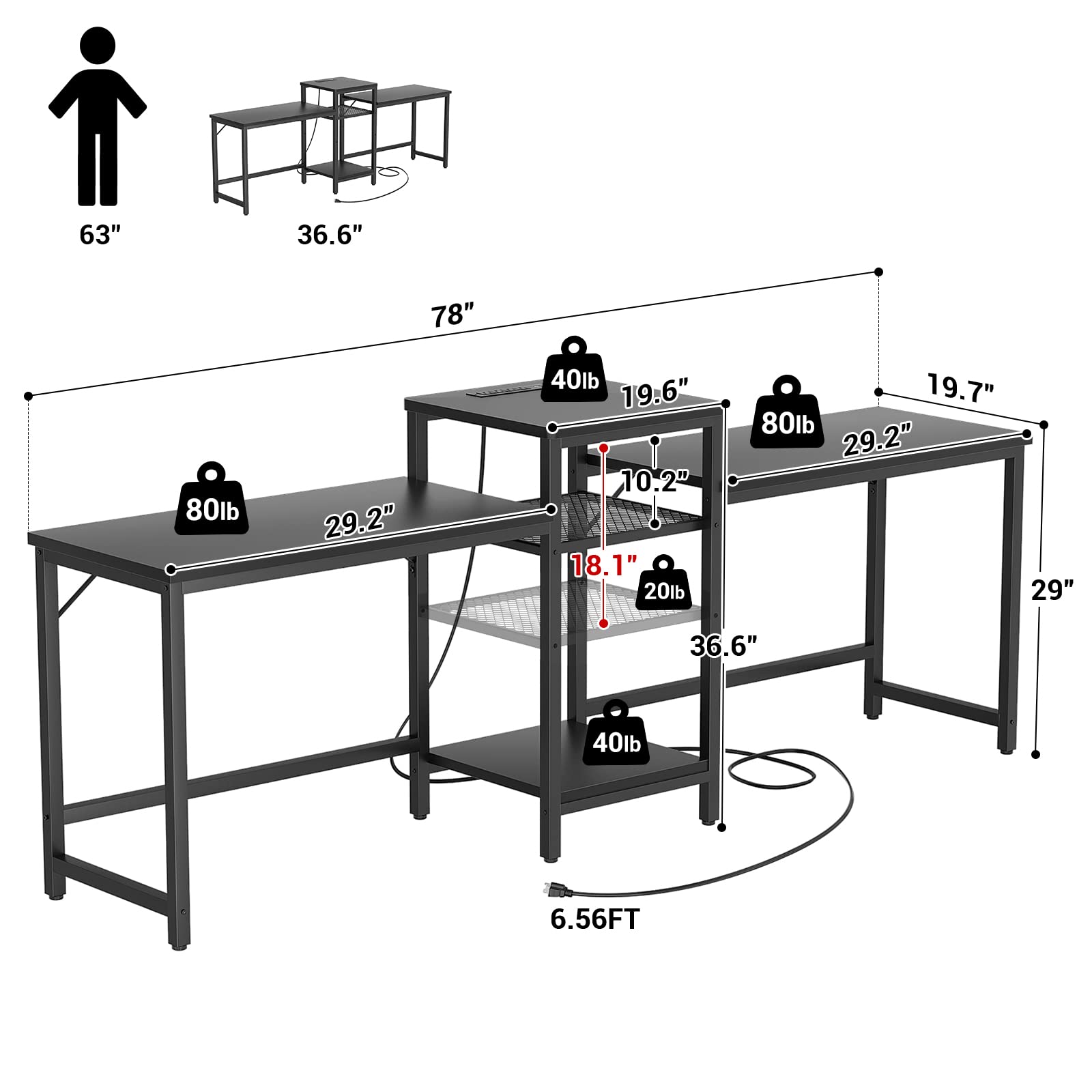 Unikito 2 Person Home Office Desk with USB Charging Port and Power Outlet, Modern Double Desk, Large Computer Desk Workstation with Storage Shelves, Long Desk, Gaming Desk, Writing Study Desk, Black