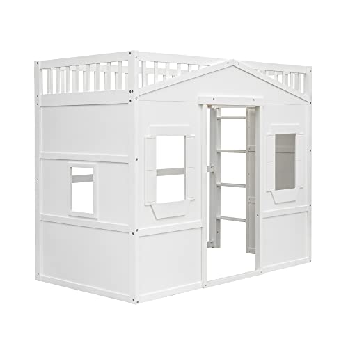 Harper & Bright Designs House Loft Bed Twin Kids Playhouse Bed, Solid Wood Loft Bed Frame with Window and Ladder, for Girls Boys (Twin Size, White)