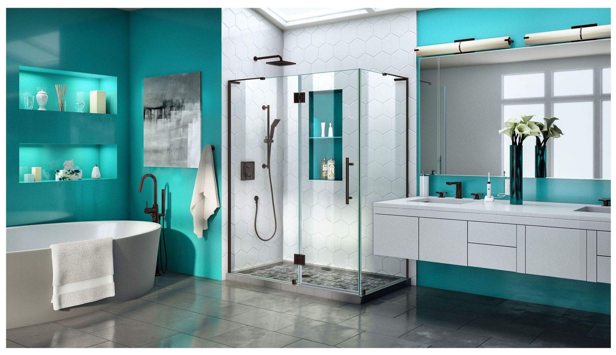 DreamLine Quatra Plus 34 in. D x 58 in. W x 72 in. H Frameless Hinged Shower Enclosure in Satin Black, SHEN-1434580-09