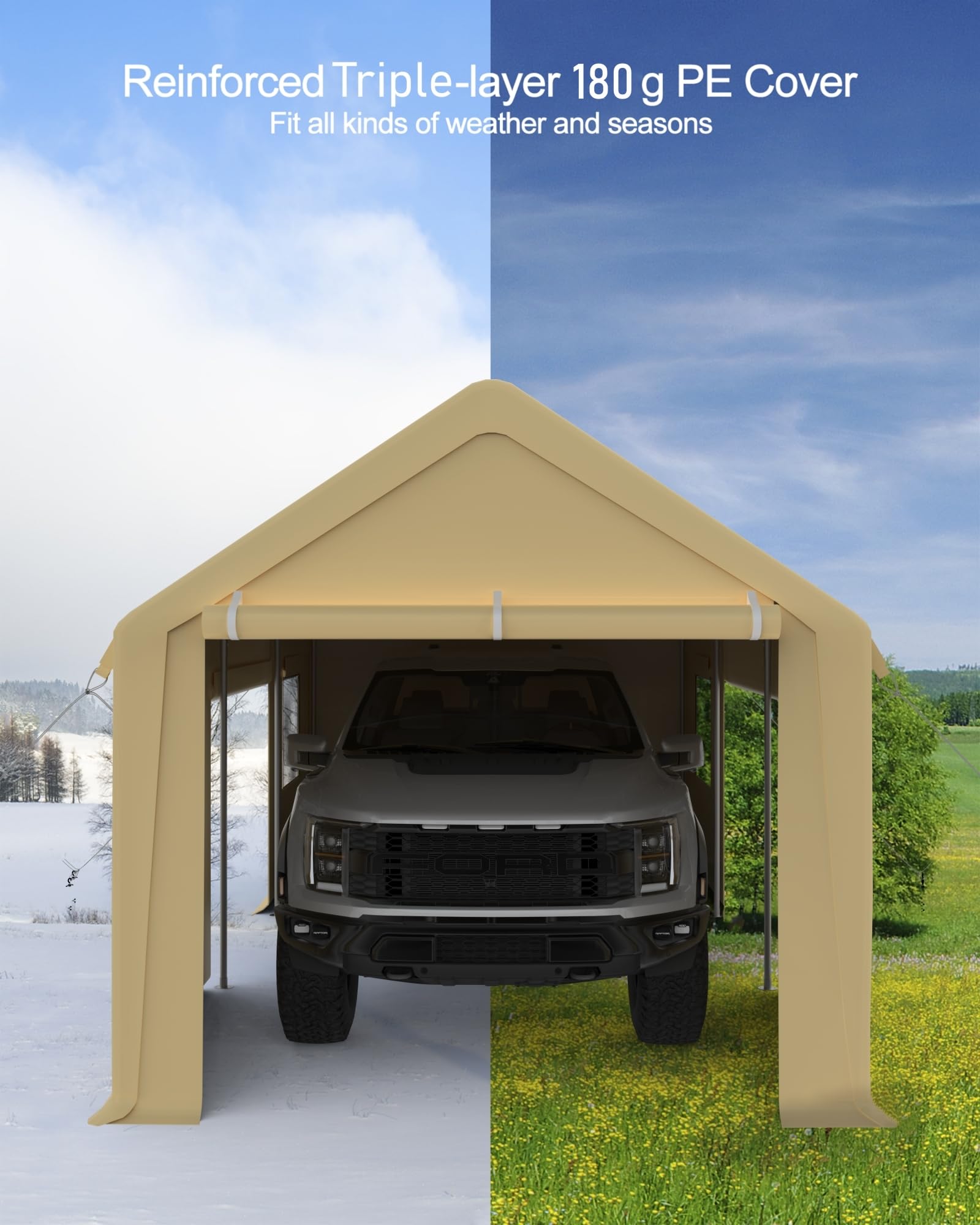 DEXSO Carport 13'x20' Portable Garage, Reinforced Steel Poles, Heavy Duty Carport Canopy, 4 Roll-up Doors & 4 Mesh Windows, for Pickup, Boat, and Equipment, Yellow