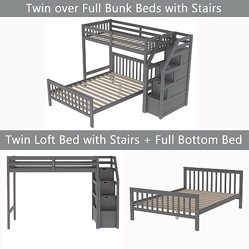 Harper & Bright Designs Twin Over Full Bunk Beds with Storage Stairs, Wooden Stairway Bunk Beds with Removable Bottom Bed and Guardrails for Kids Girls Boys,No Box Spring Needed (Grey)