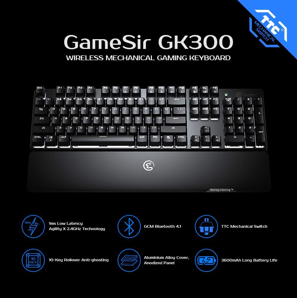 GameSir GK300 Wireless Mechanical Gaming Keyboard 2.4 GHz + Blutooth Connectivity, 1ms Low Latency, Aluminium Alloy Top Plate, Anti-ghosting for PC/iOS/iPad/Android Smartphone/Laptop and Mac (Renewed)