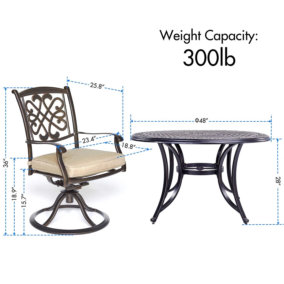 DALI 5 Piece Outdoor Dining Set Patio Furniture, Deep Cushioned Aluminum Swivel Rocker Chair Set with 48 inch Round Alum Casting Table
