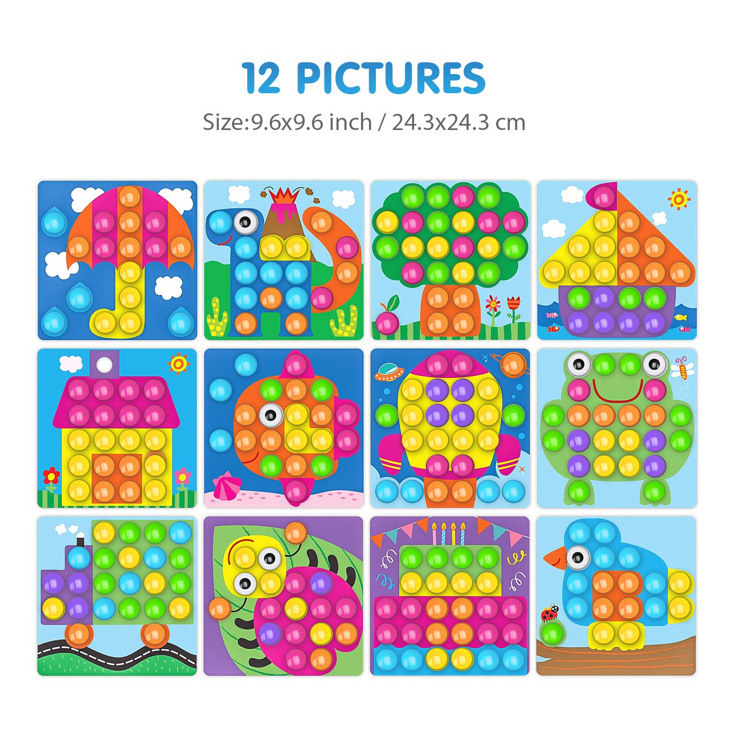 Fansteck Button Art Toy for Toddlers, Color Matching Early Learning Educational Mosaic Pegboard, Safe Nontoxic ABS Plastic Premium Material, 12 Pictures and 46 Buttons,with a Bag Easy to Storage