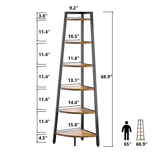 Lulive 6 Tier Corner Shelf, 68.9" Industrial Tall Corner Ladder Shelf Stand, Corner Bookshelf Bookcase for Living Room, Home Office, Balcony, Small Space