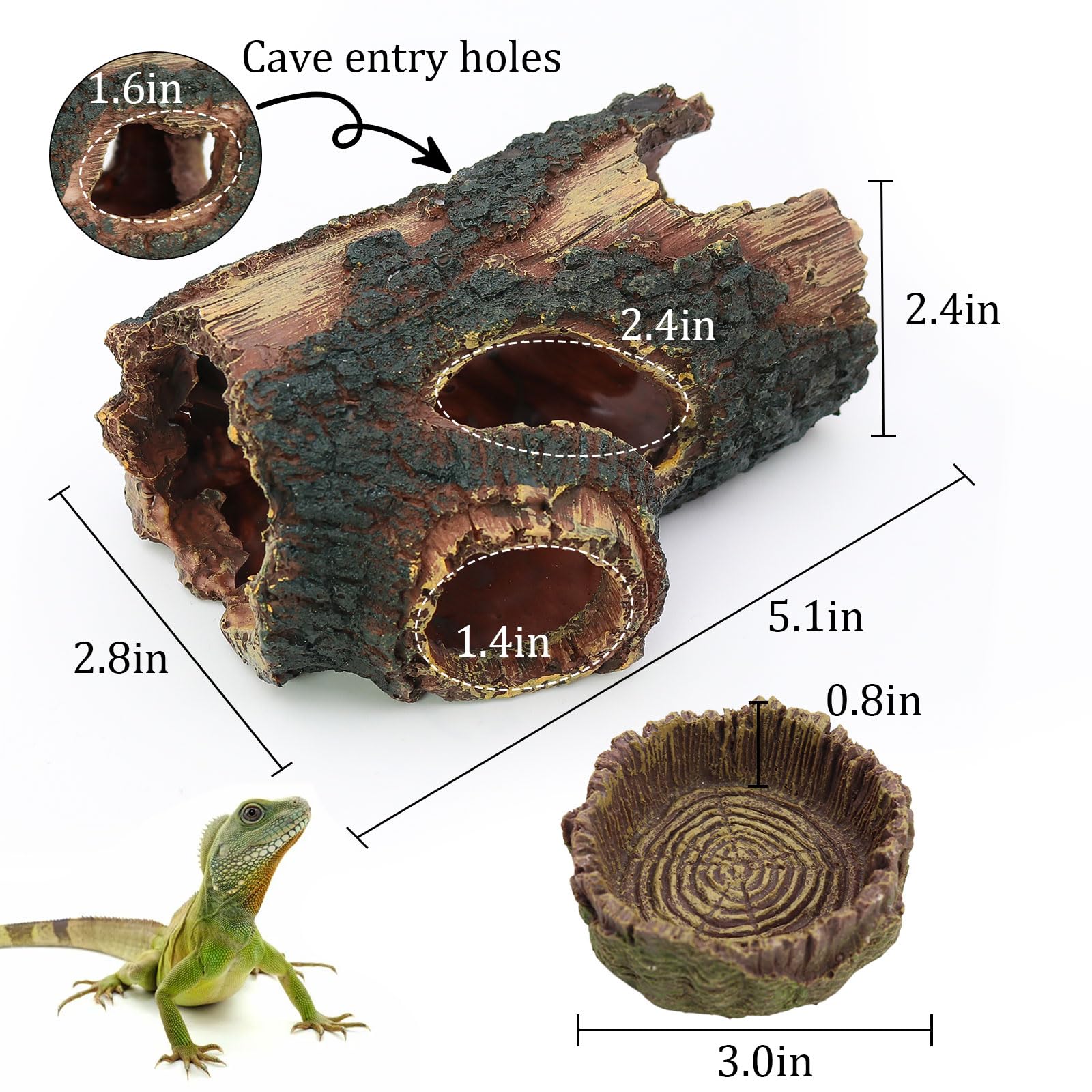 Dexspoeny 3Pcs Reptile Hide Cave Small Lizard Reptile Food&Water Bearded Dragon Bowls Accessories,Natural Resin Hollow Tree Trunk Hideout,Hermit Crab Supplies Trunk Snake Gecko Frogs Fish Tanks Decor