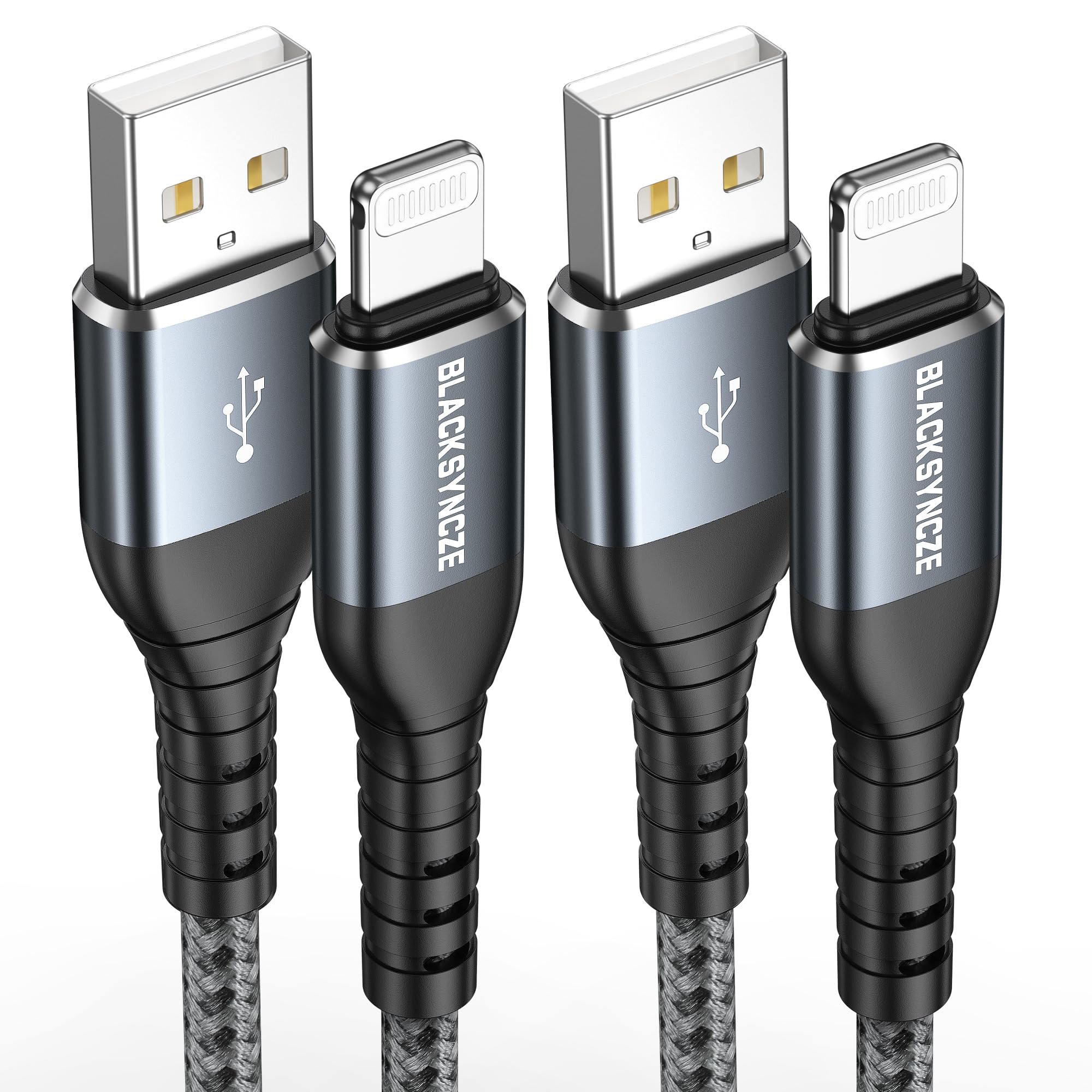 BLACKSYNCZE iPhone Charger, [2 Packs 10FT] MFi Certified Lightning Cable Fast Charging Nylon Braided Long iPhone Charger Cord Compatible with iPhone 13 12 11 Pro Max XS XR X 8 7 6S 6 Plus SE 5S - Grey