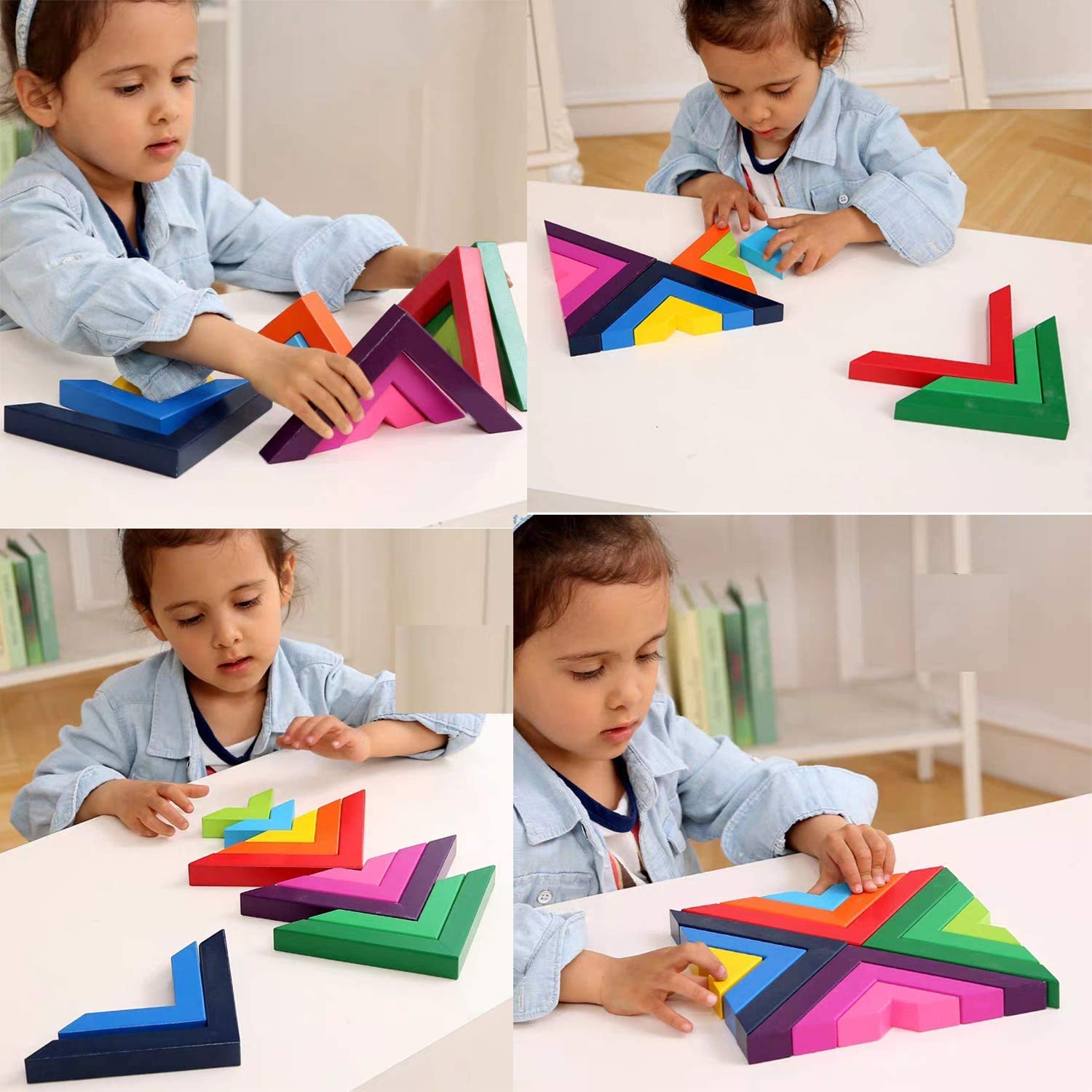 FANSUSENKE 12 Piece Building Blocks Toy Wooden Rainbow Stacking Nesting Building Game Geometry Creativity Nesting Educational Preschool Learning Toys for Kids 3D Puzzles
