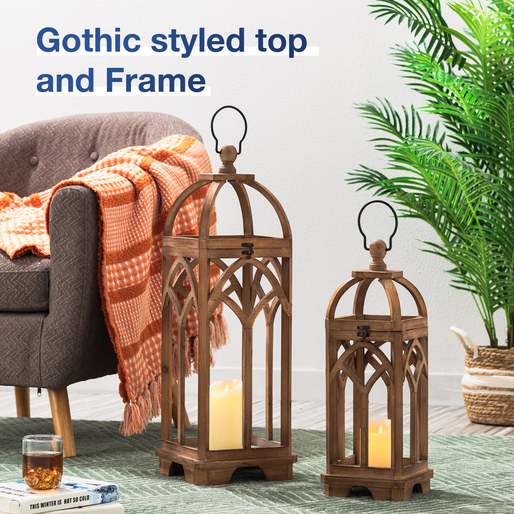 Glitzhome Farmhouse Decorative Lanterns Wooden Candle Lantern Church Window Frame Lanterns for Wedding Mantle Entryway Home Patio Balcony Garden, Pack of 2, Natural, No Glass