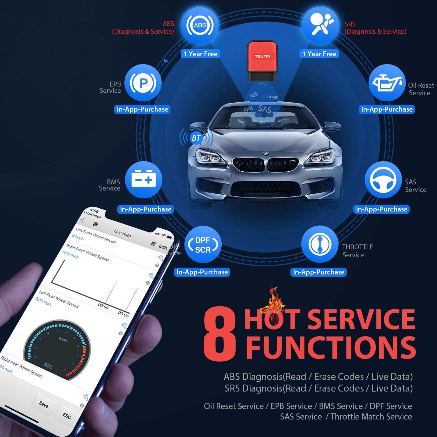 Autel AP200C MaxiAP 2022 Newest OBD2 Scanner with ABS Auto Bleed, Airbag Reset, Oil, Throttle, DPF, EPB, SAS, BMS Services in-App Purchase, ABS/SRS Diagnosis, for iOS & Android, Specific Vehicles