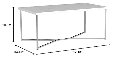 Walker Edison Mid Century Modern Marble Gold Rectangle Coffee Table Living Room Accent Ottoman Storage Shelf, 42 Inch, Marble and Silver