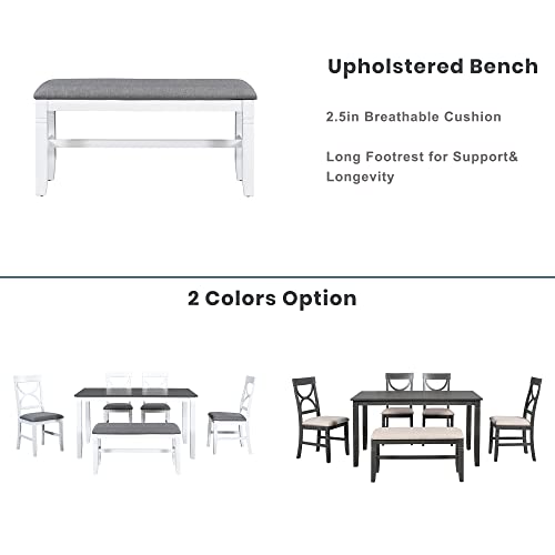 LUMISOL 6 Piece Dining Table Set Farmhouse Style Soild Wood Kitchen Dining Set with Chairs and Bench for 6 Persons, Rectangle Table with Upholstered Chair and Bench, Gray+White