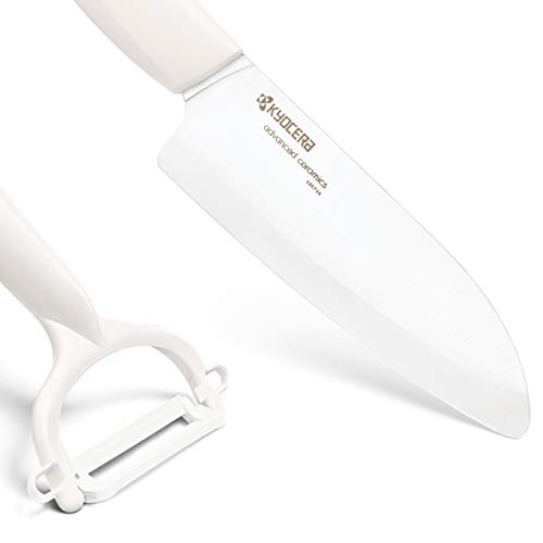 Kyocera Advanced Ceramic Revolution Series 5-1/2-inch Santoku Knife and Y Peeler Set, White