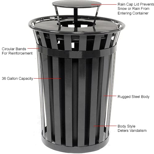 Global Industrial 36 Gallon Outdoor Metal Slatted Trash Receptacle with Rain Bonnet Lid, Black