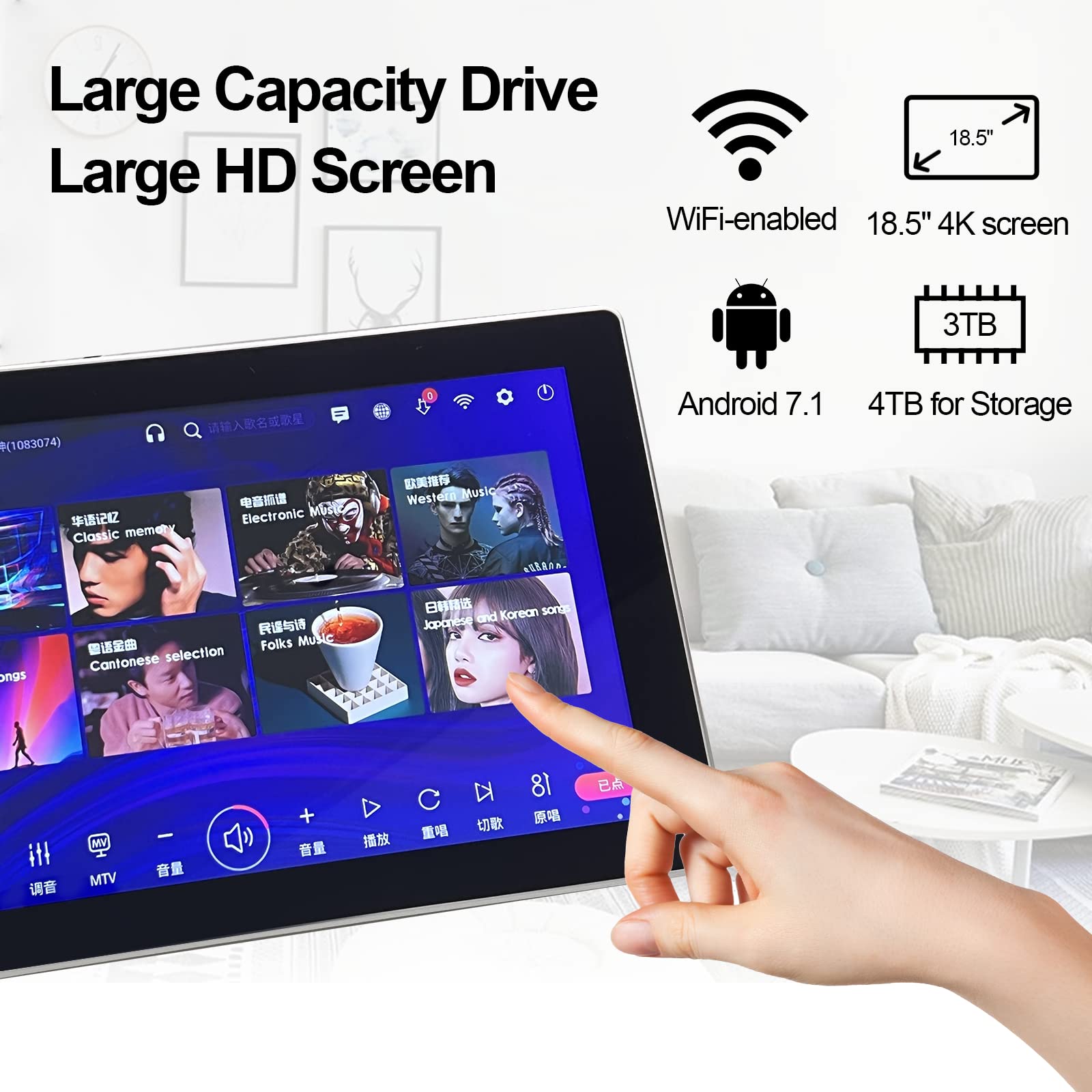 Blume 18.5” 5 in 1 Chinese Karaoke Machine, 4K Led Touch Screen, Bluetooth & App Control Karaoke Singing Player with Reverb 2 Wireless Mic, YouTube Movie Online Update (4T)