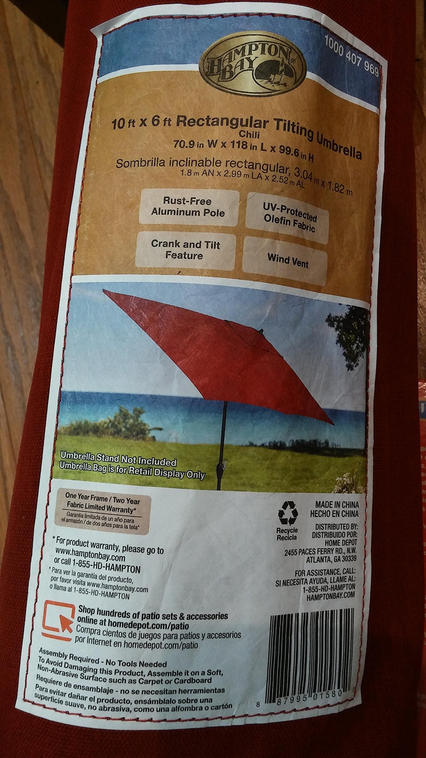 Hampton Bay 10 ft. x 6 ft. Aluminum Patio Umbrella with Push-Button Tilt (Chili)