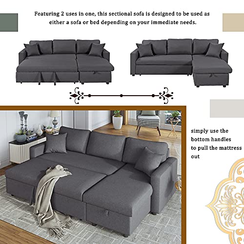 LUMISOL Sectional Sleeper Sofa with Pull Out Bed, L-Shaped Corner Sofa with Storage Chaise, Reversible Sofa Couch, 2 Toss Pillows for Living Room, Apartment
